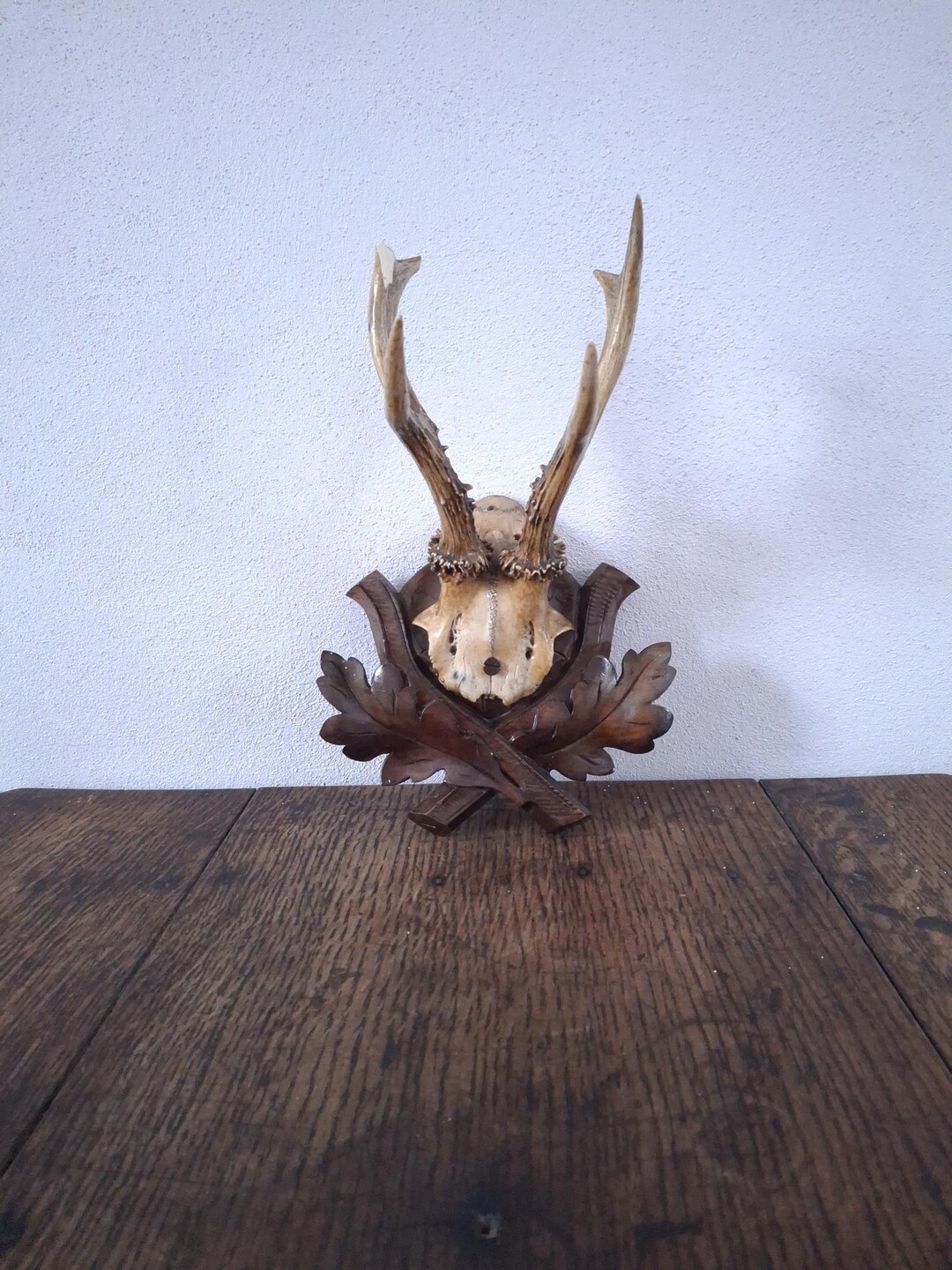 Vintage Smaller Carved Wooden Hunting Trophy Board With Deer Antlers on ...