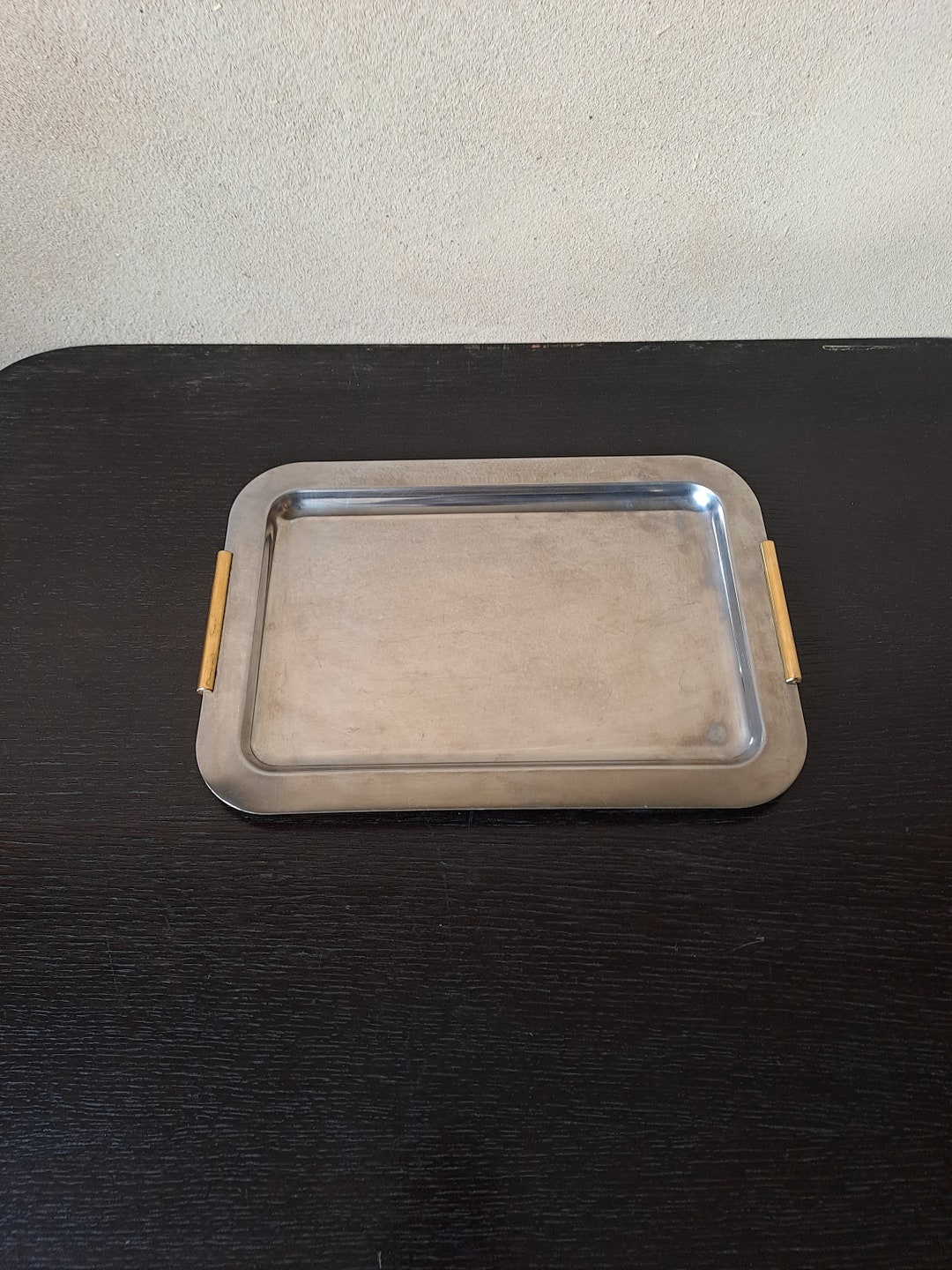 Vintage Rectangular Metal Tray With Rounded Corners and Yellow Metal ...