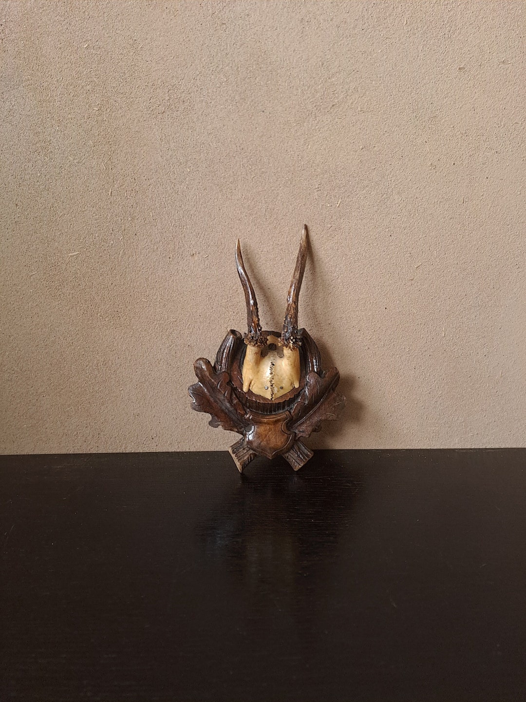 Vintage Small Carved Wooden Hunting Trophy Board With Deer Antlers on a ...