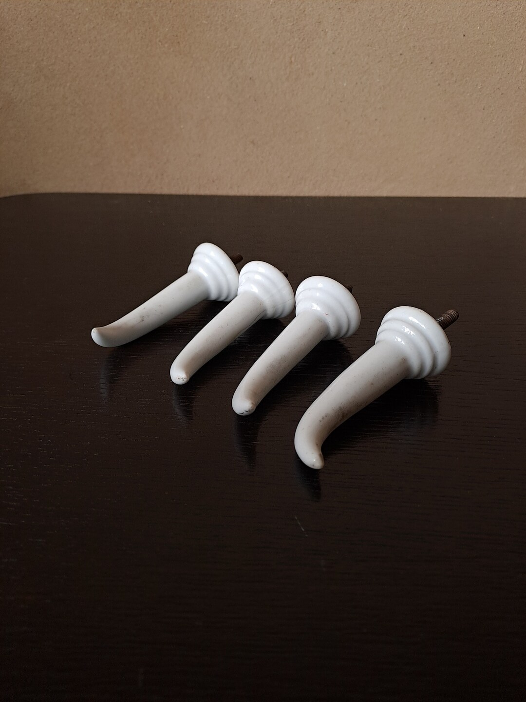 A Unique Set of Four Larger White Ceramic Hooks With Threaded Inserts ...