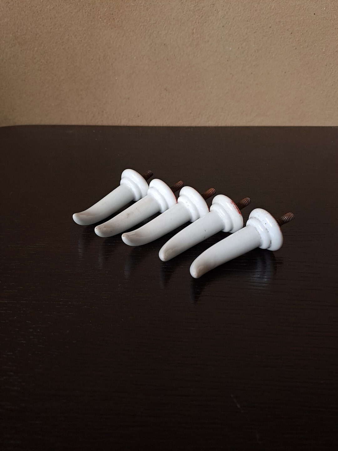 A Unique Set of Five Smaller White Ceramic Hooks With Threaded Inserts ...