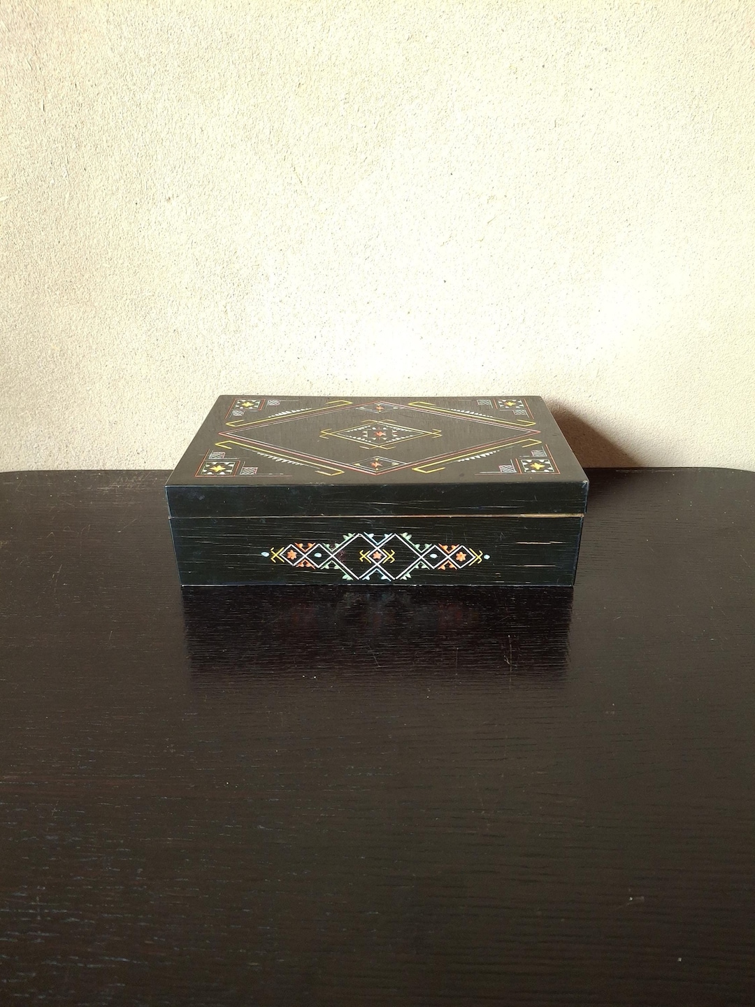 Handcarved Black Wooden Folk Art Box With Hinged Lid and Geometric ...