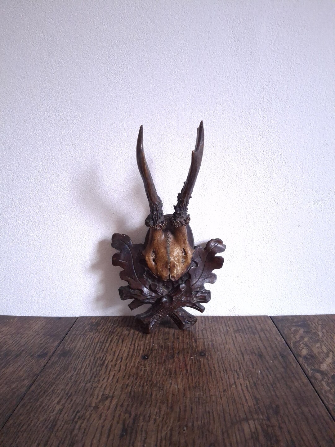 Antique Carved Wooden Hunting Trophy Board With Deer Antlers on a Piece ...