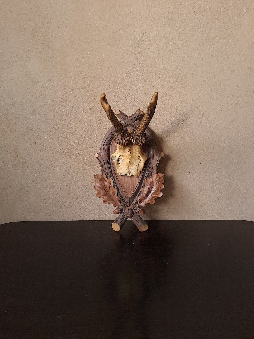 Antique Carved Wooden Hunting Trophy Board With Small Deer Antlers on a ...