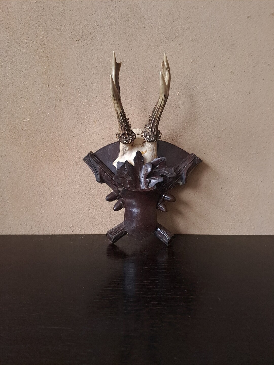 Antique Carved Wooden Hunting Trophy Board With Small Deer Antlers on a ...