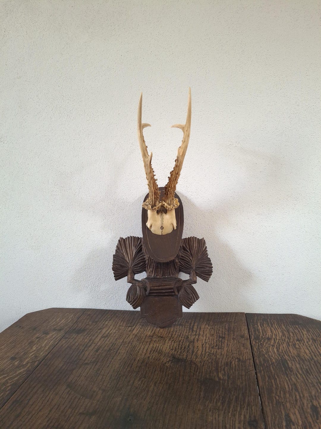 Antique Carved Wooden Hunting Trophy Board With Deer Antlers on a Piece ...