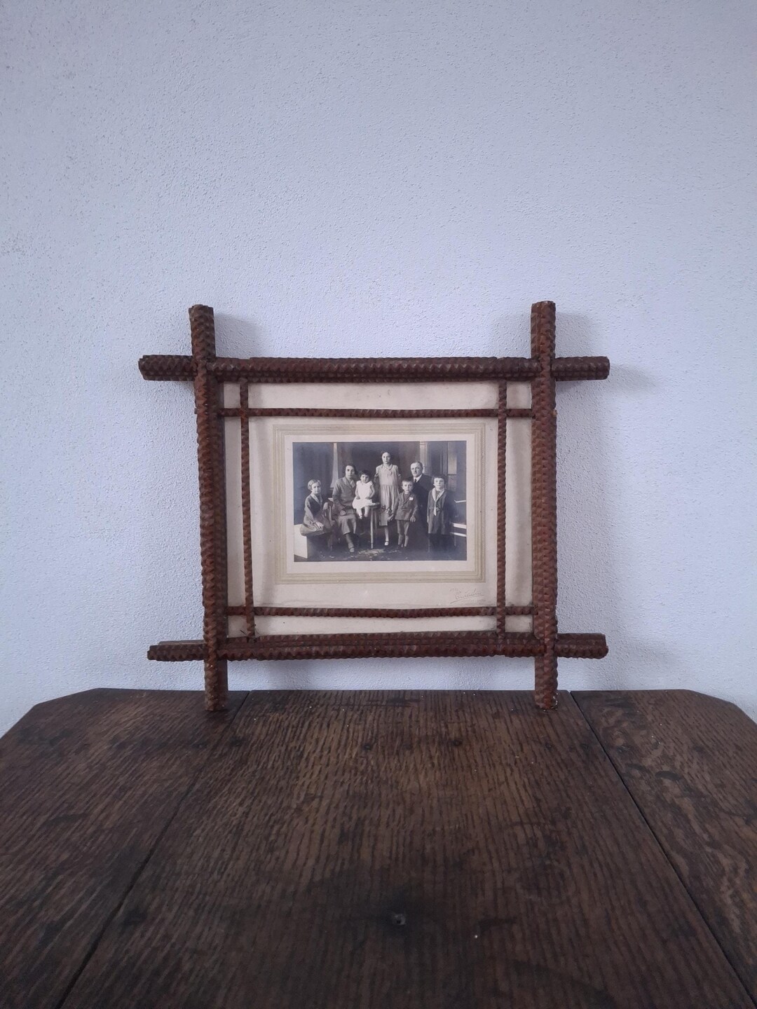 Mid-sized Tramp Art Antique Carved Wooden Picture Frame With a Family ...