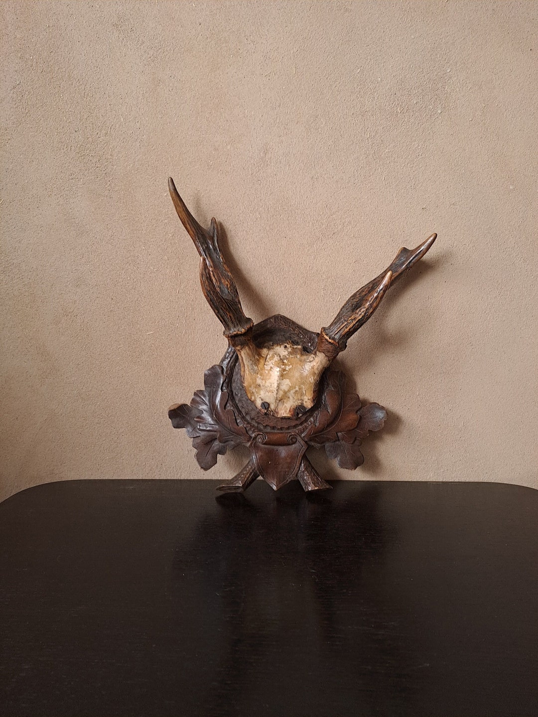 Antique Carved Wooden Hunting Trophy Board With Red Deer Antlers on a ...