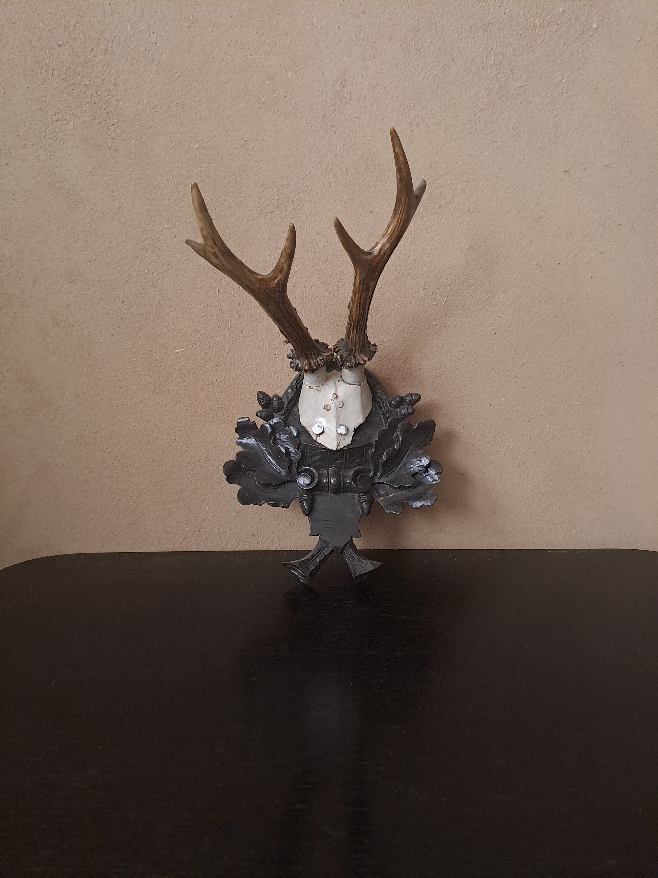 Antique Carved Wooden Hunting Trophy Board With Small Deer Antlers on a ...