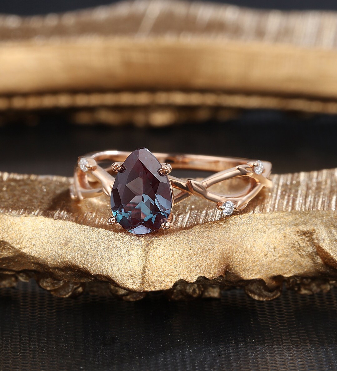Pear Shaped Alexandrite Engagement Ring Vintage Diamond Women ...