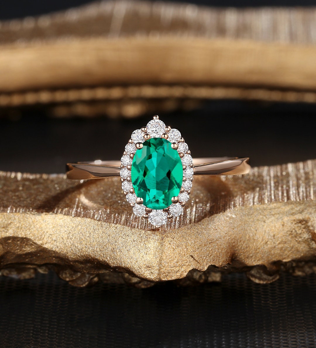 Oval Emerald Engagement Ring Vintage Halo Diamond Ring Women Moissanite ...
