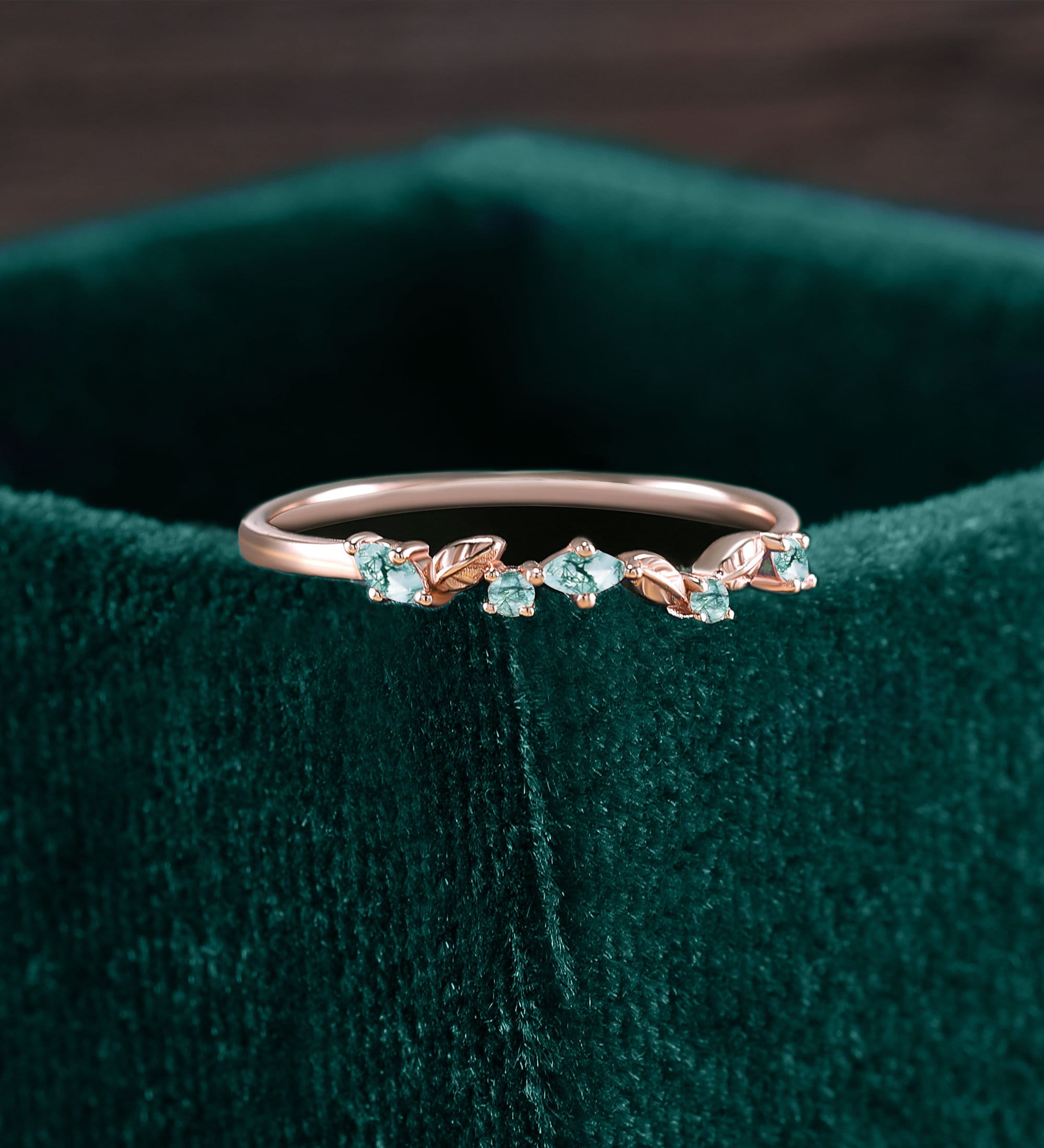 Marquise Cut Prong Set Moss Agate Rose Gold Wedding Band, Nature ...