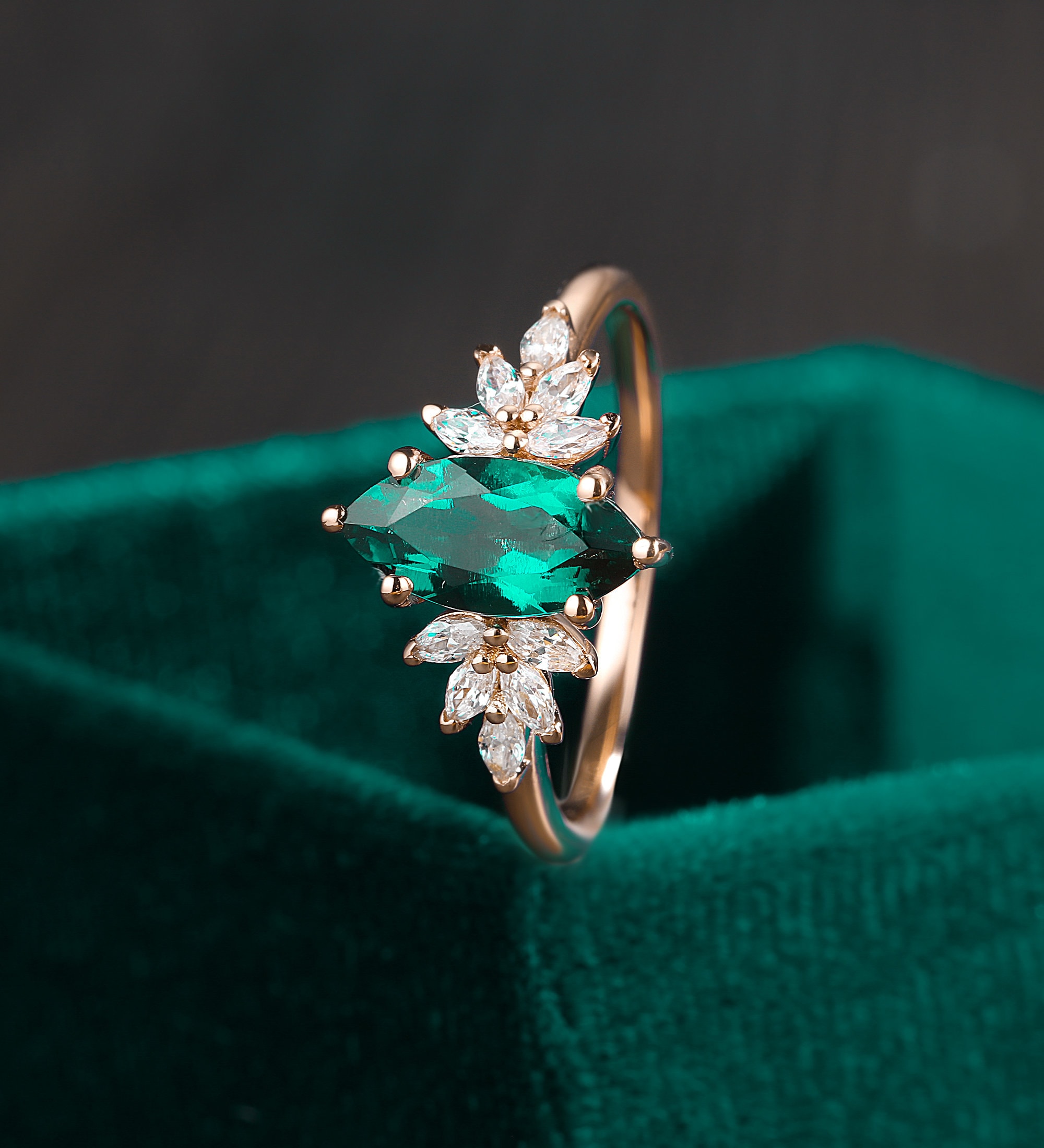 Marquise Cut Emerald Engagement Ring Stacking Moissanite Ring.14k/18k ...