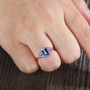 Emerald Cut Lab Alexandrite Rose Gold Engagement Ring, Marquise ...