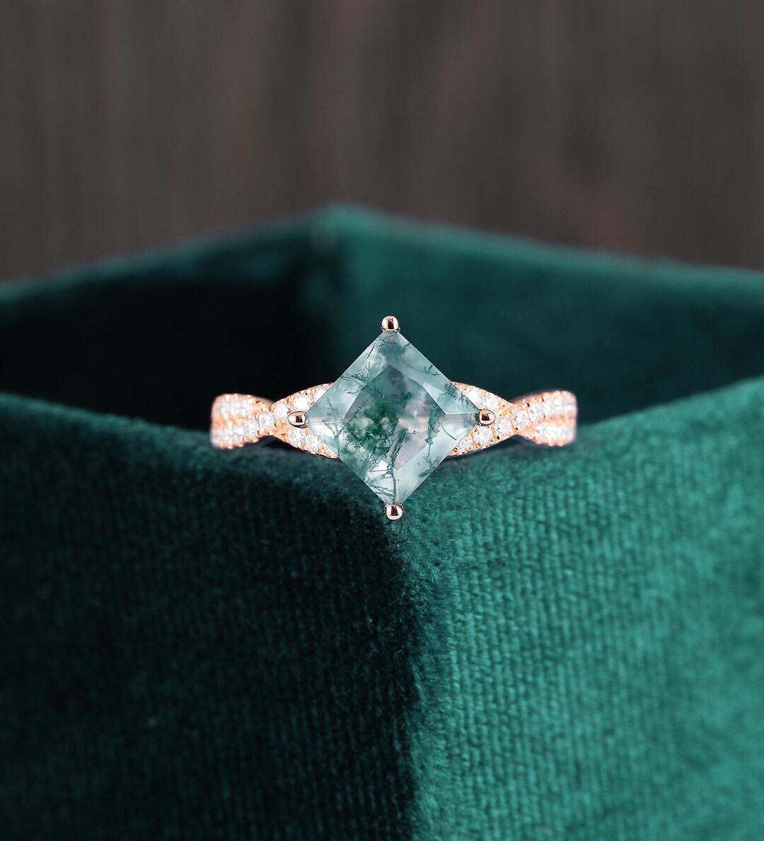 Princess Cut Moss Agate Rose Gold Engagement Ring Art Deco Moissanite ...