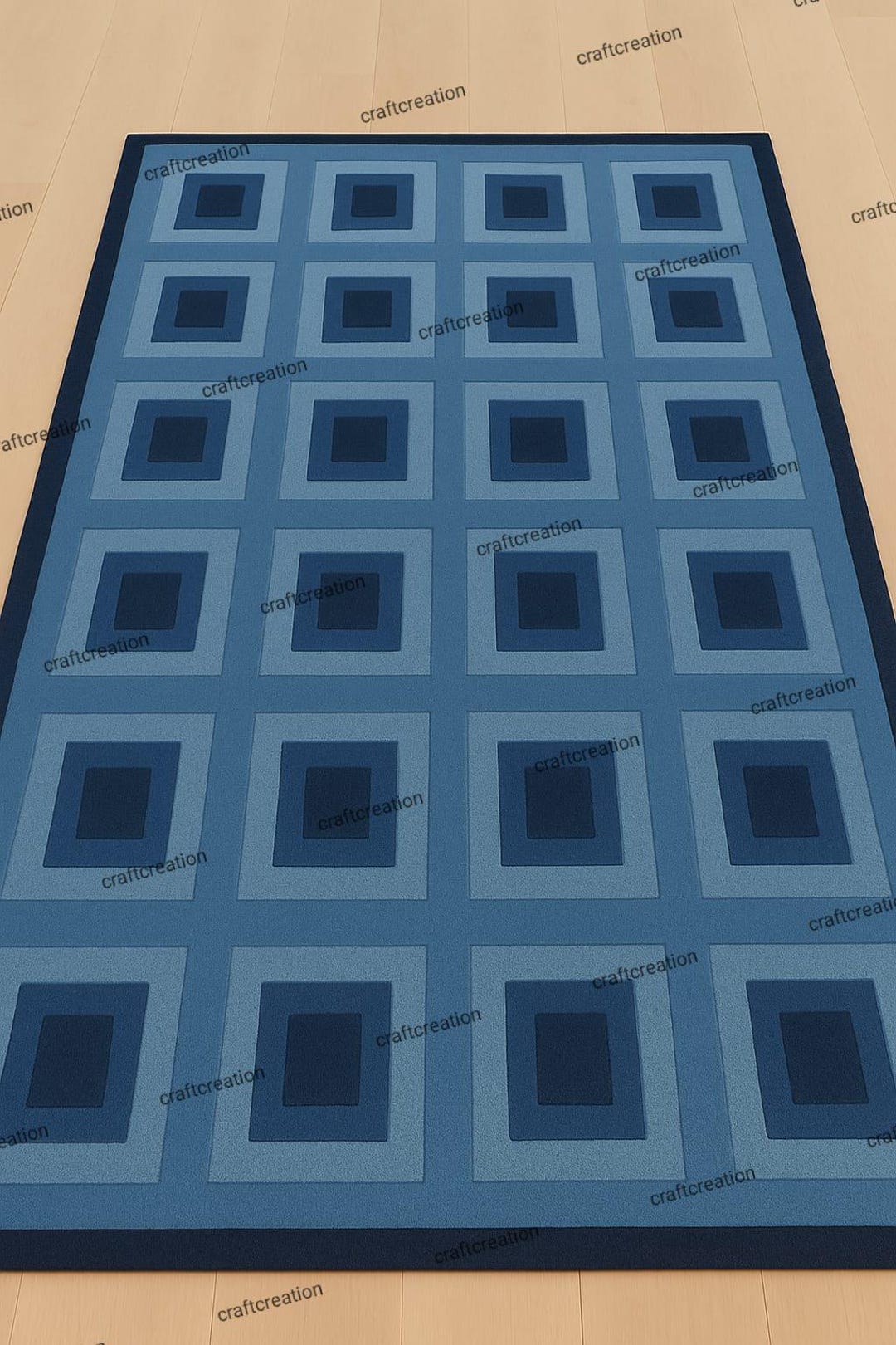 Blue Box Pattern Rug Black Border Rug Handcrafted Wool Rug Traditional ...