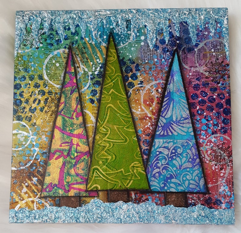 10x10 Original Winter Trees Mixed Media Collage on Wooden Panel Art - Etsy