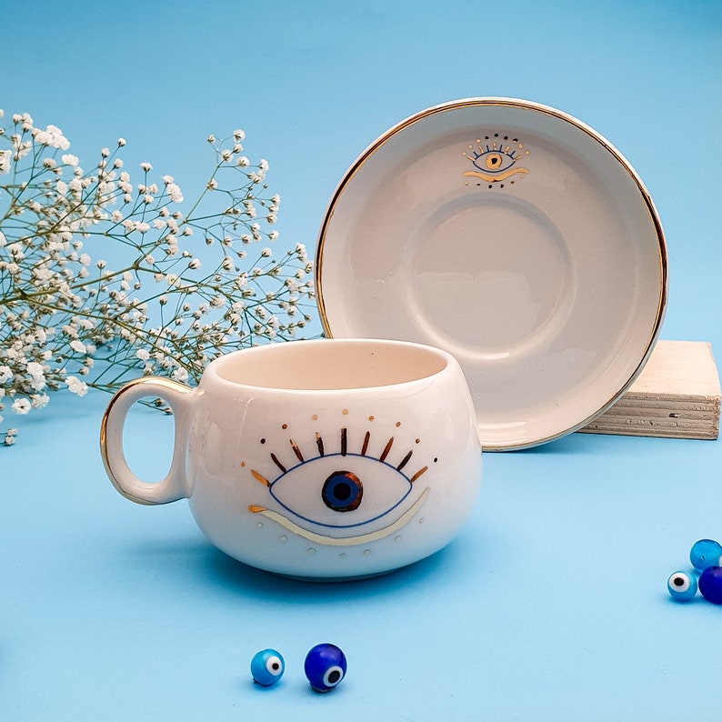 Evil Eye Mug With Plate 24K Gold 120ML Evil Eye Home - Etsy