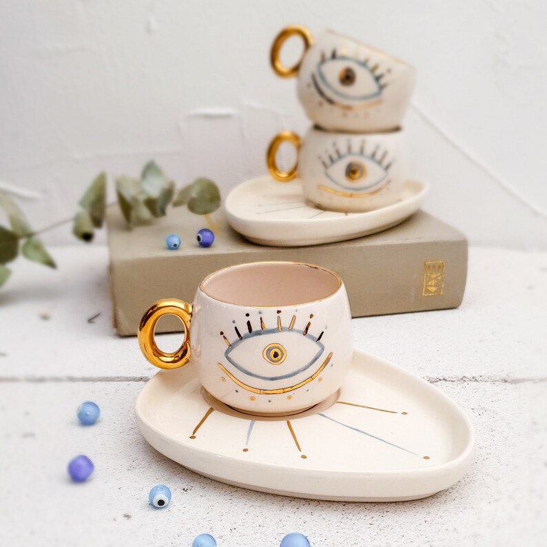 24K Gold Evil Eye Mug With Plate Turkish Coffee Mug Tea - Etsy