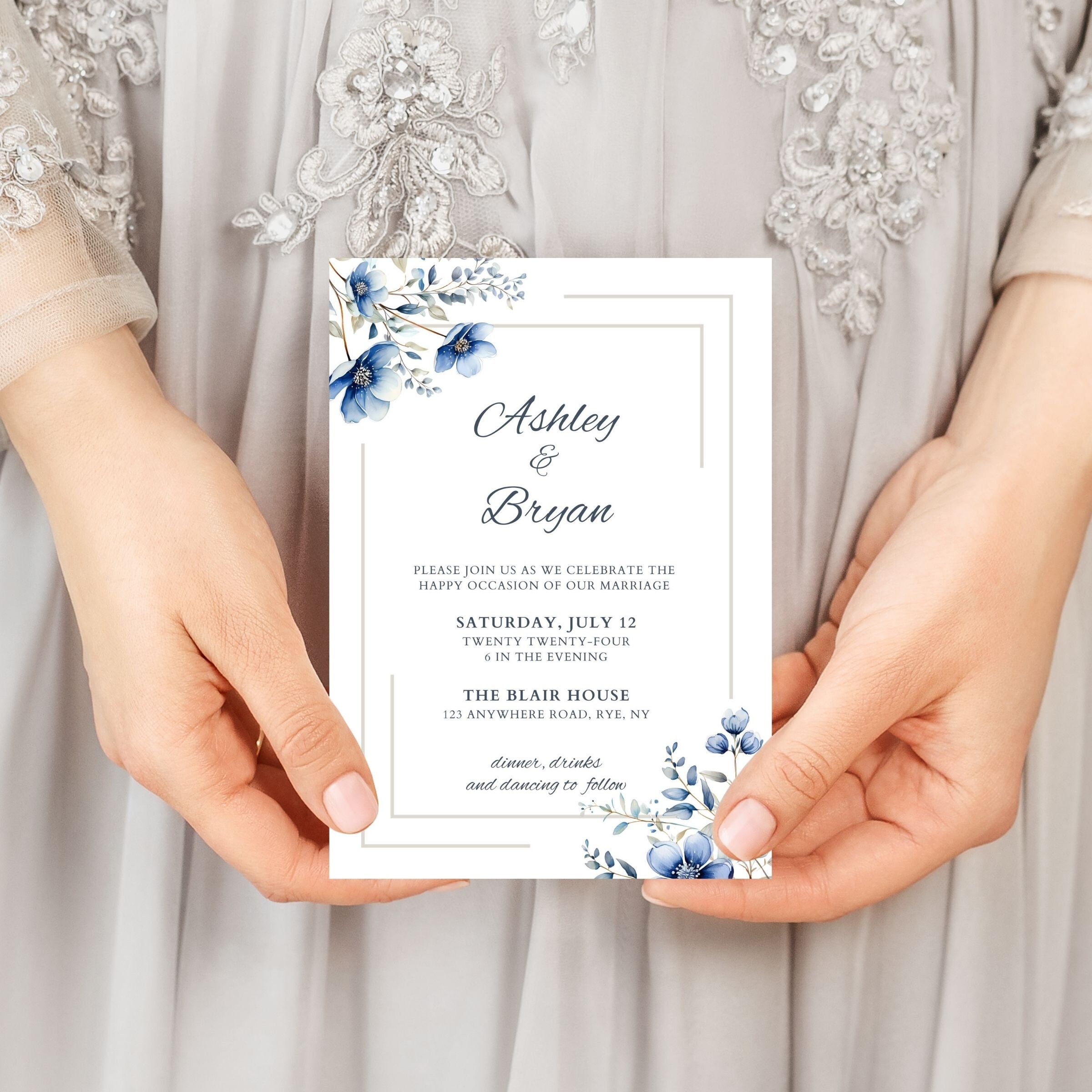 Blue Floral Wedding Invitation Template, Blue Flowers Wedding ...