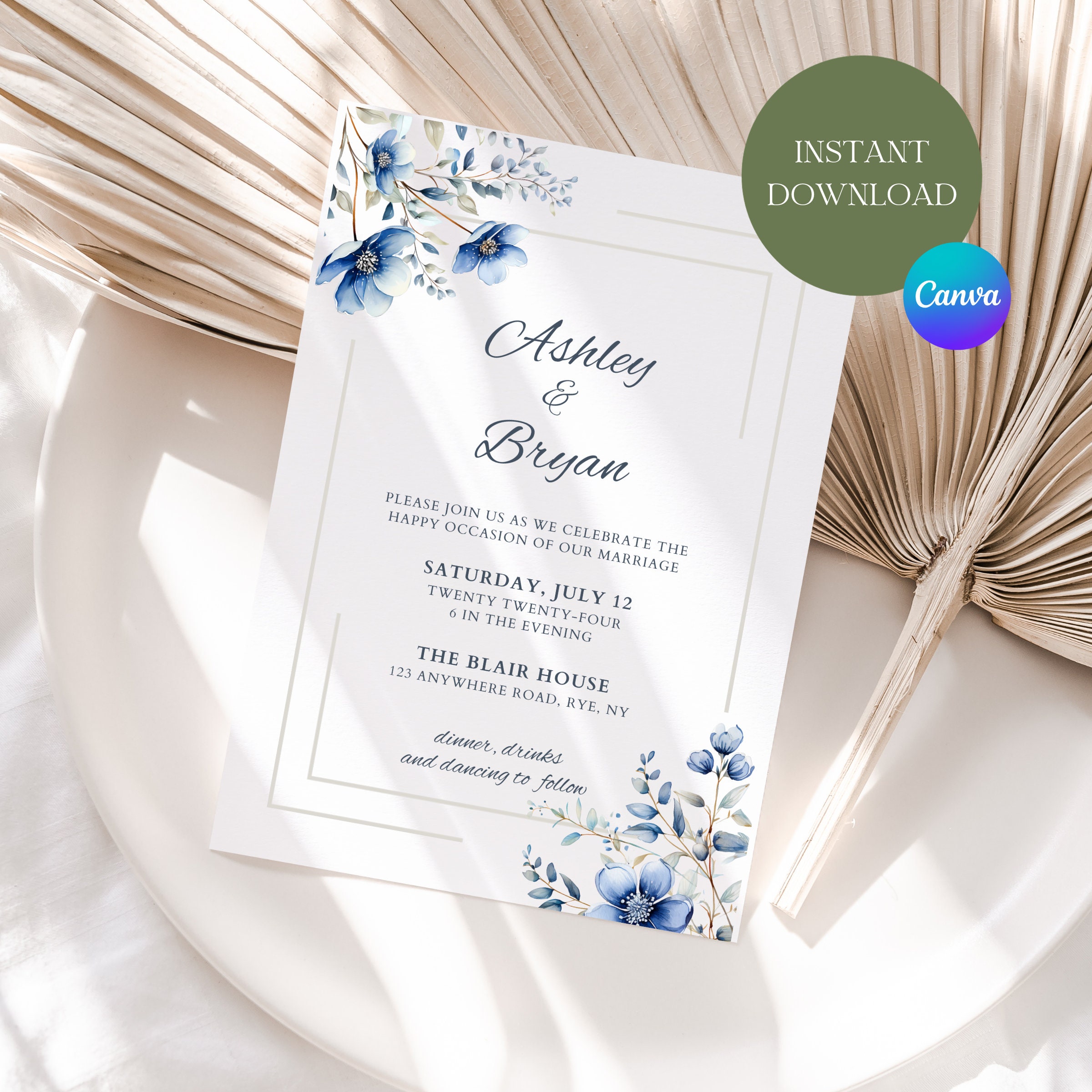 Blue Floral Wedding Invitation Template, Blue Flowers Wedding ...