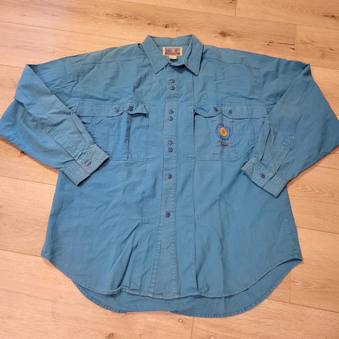 Vtg Mens Bugle Boy Embroider Logo Faded Teal Long Sleeve Button Cotton ...