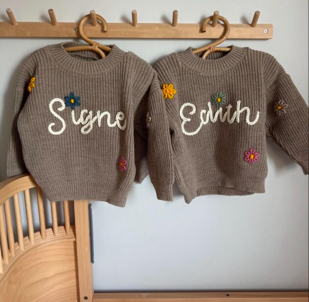 Custom Hand Embroidered Baby Name Sweater – Floral Detail Cotton Knit ...