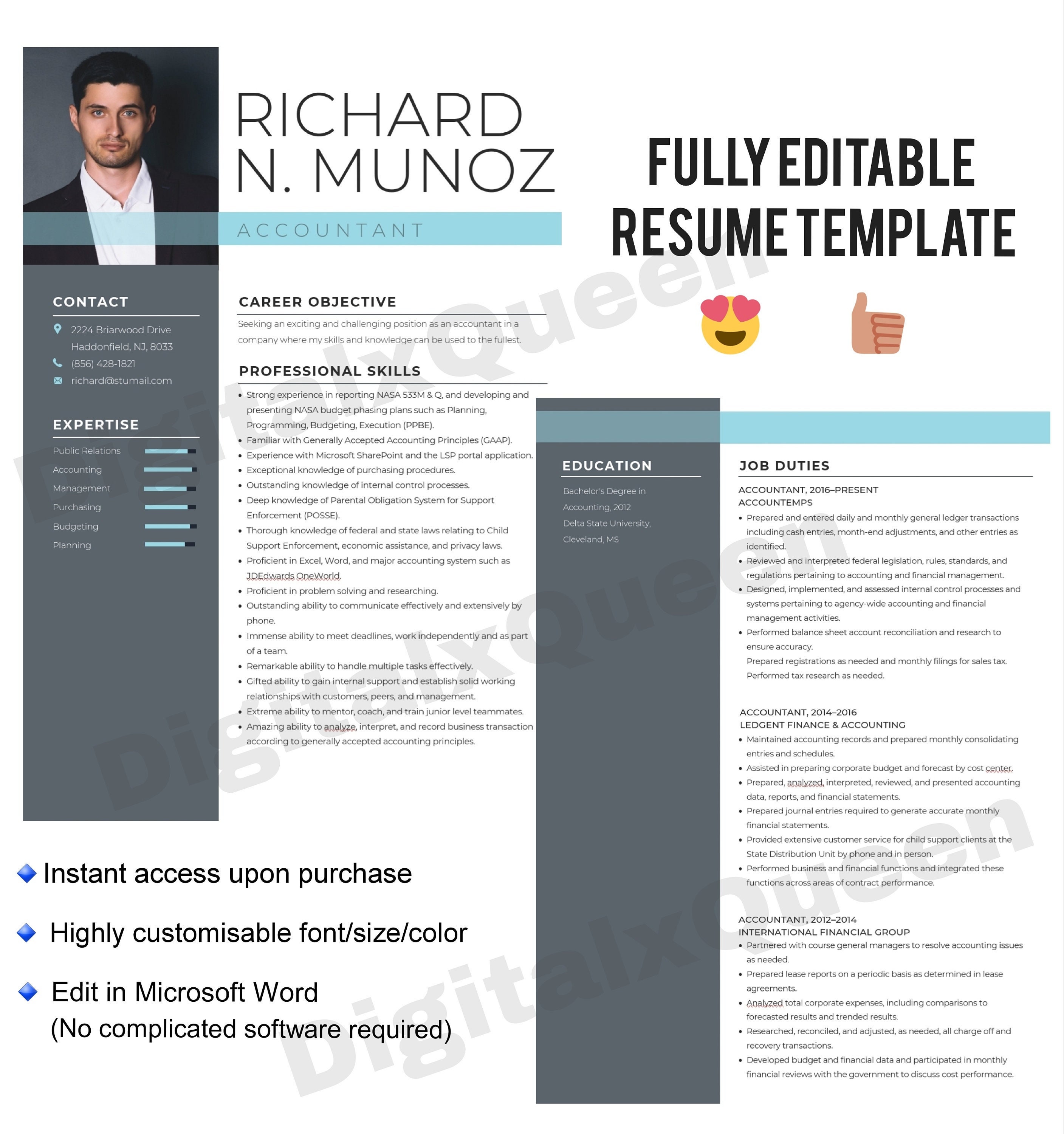 Executive Resume Template for Microsoft Word, CV Template, Professional ...