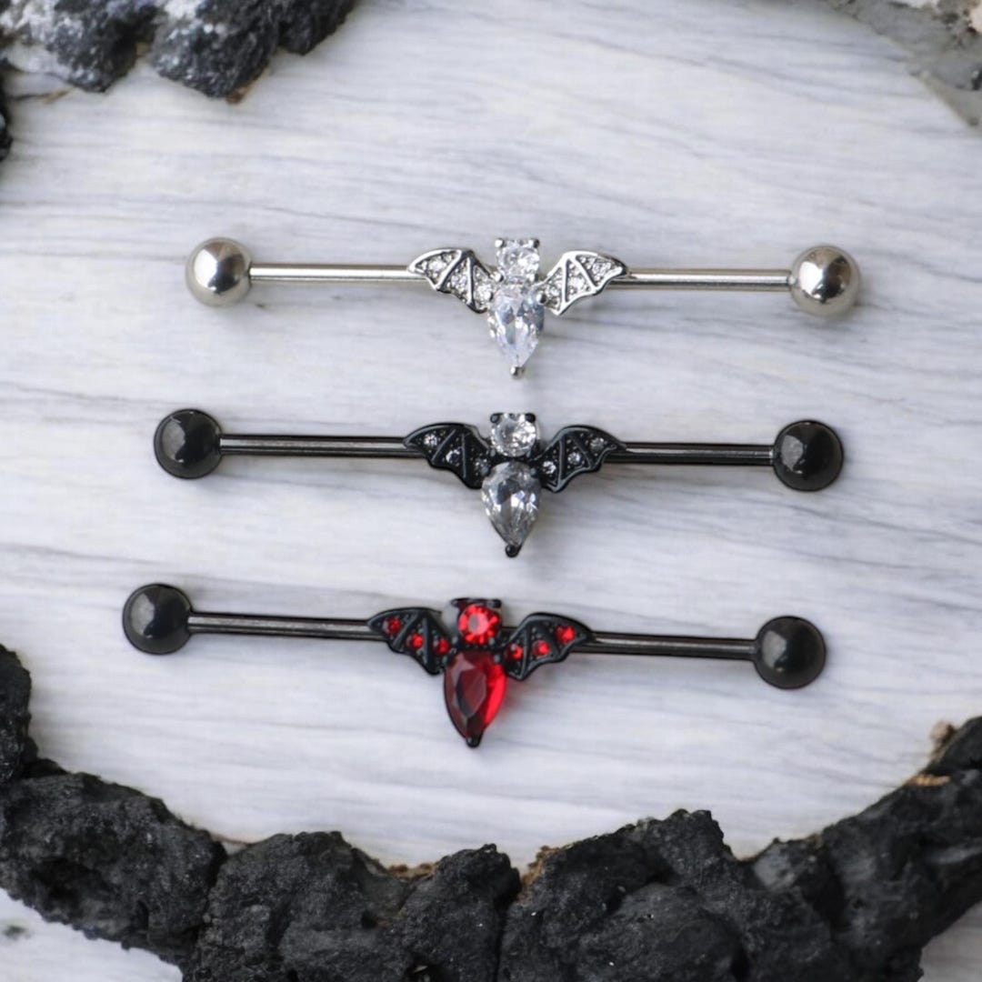 Gothic Bat Industrial Barbell Piercing: Stainless Steel Cartilage ...
