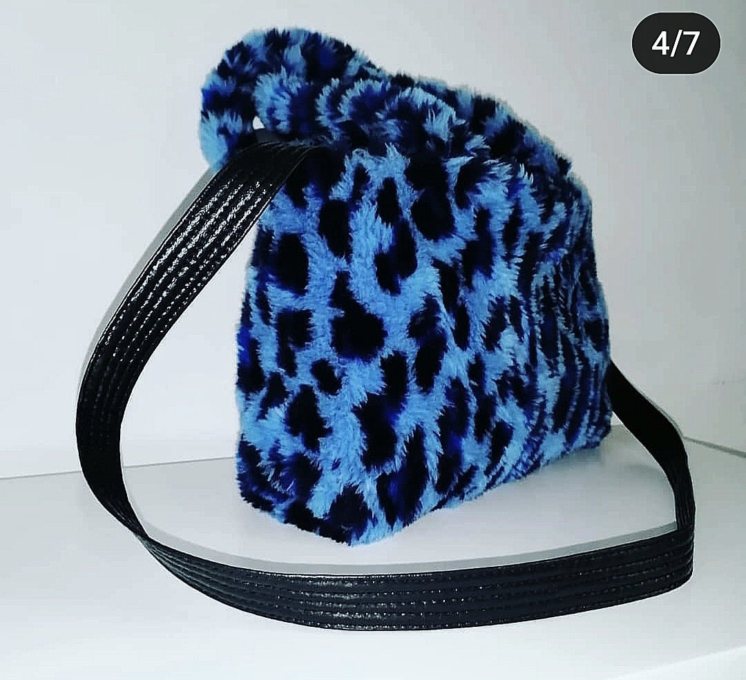 Blue Leopard Print Faux Fur Shoulder Bag - Funky Fluffy Crossbody Purse ...