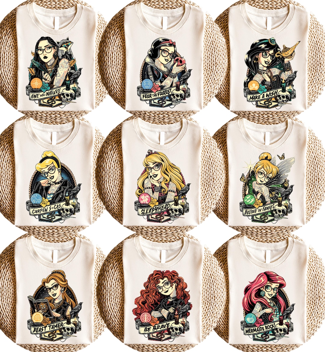Tattoo Disney Princess Shirt, Punk Style Belle Ariel Tiana Jasmine Tee ...