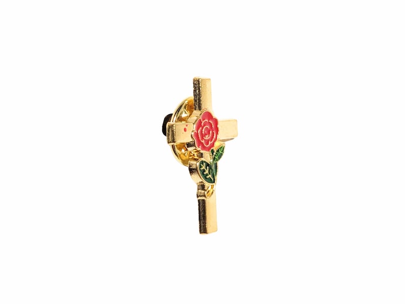 Miniature Gold Cross With Red Rose Pin Enamel Pin Lapel Pin Catholic ...