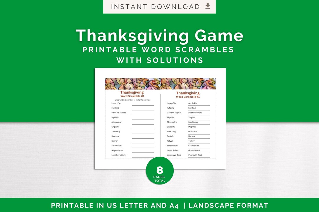 Thanksgiving Printable PDF Word Scramble Puzzle, Instant Download for ...