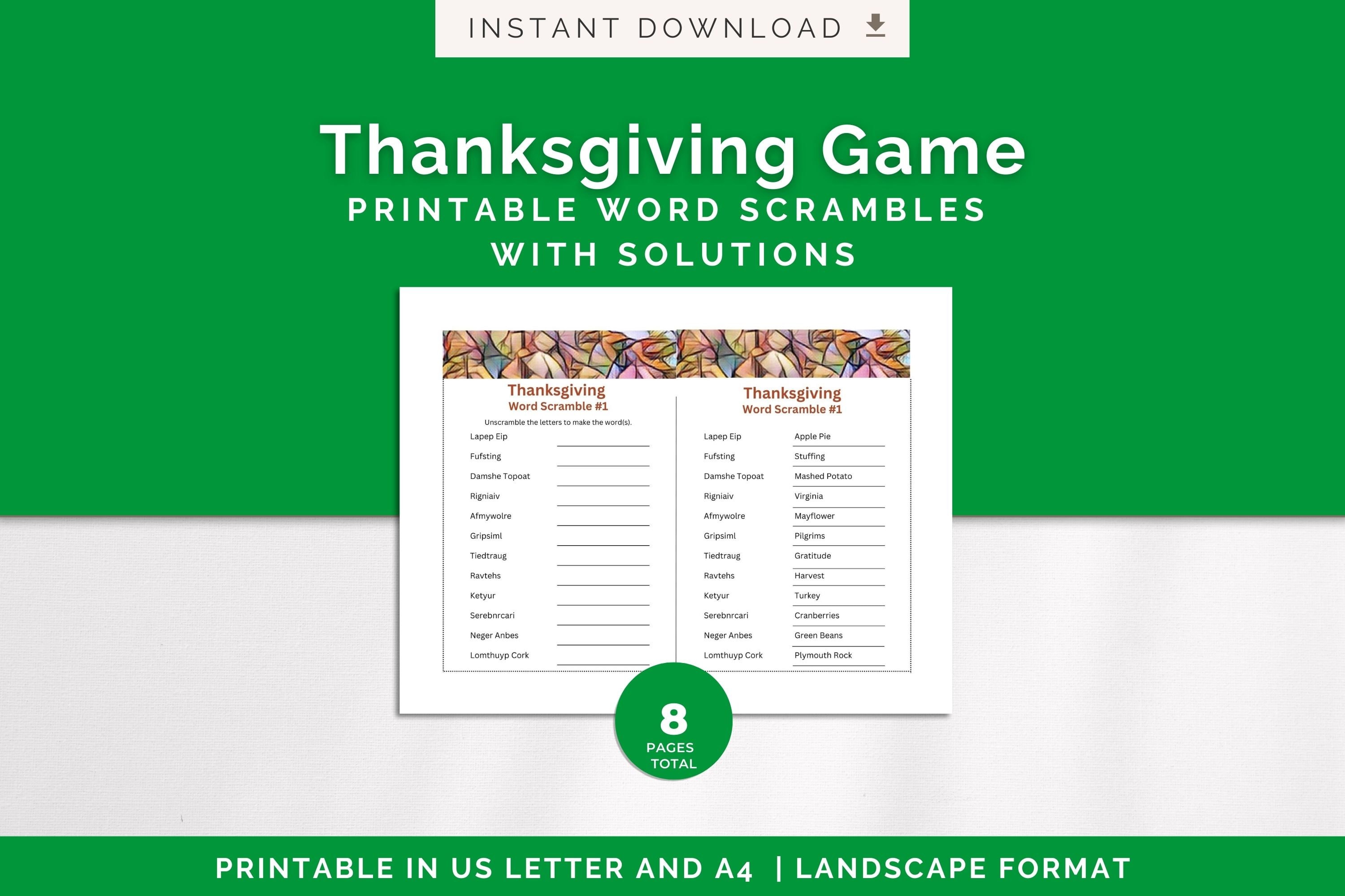 Thanksgiving Printable PDF Word Scramble Puzzle, Instant Download for ...