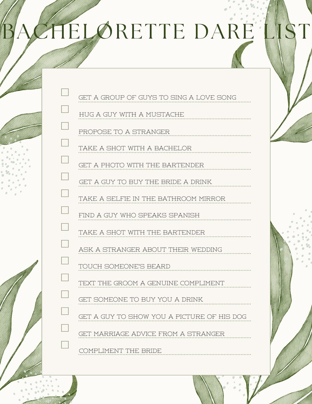 Bachelorette Dare List for a Fun Night Out With the Girls - Etsy