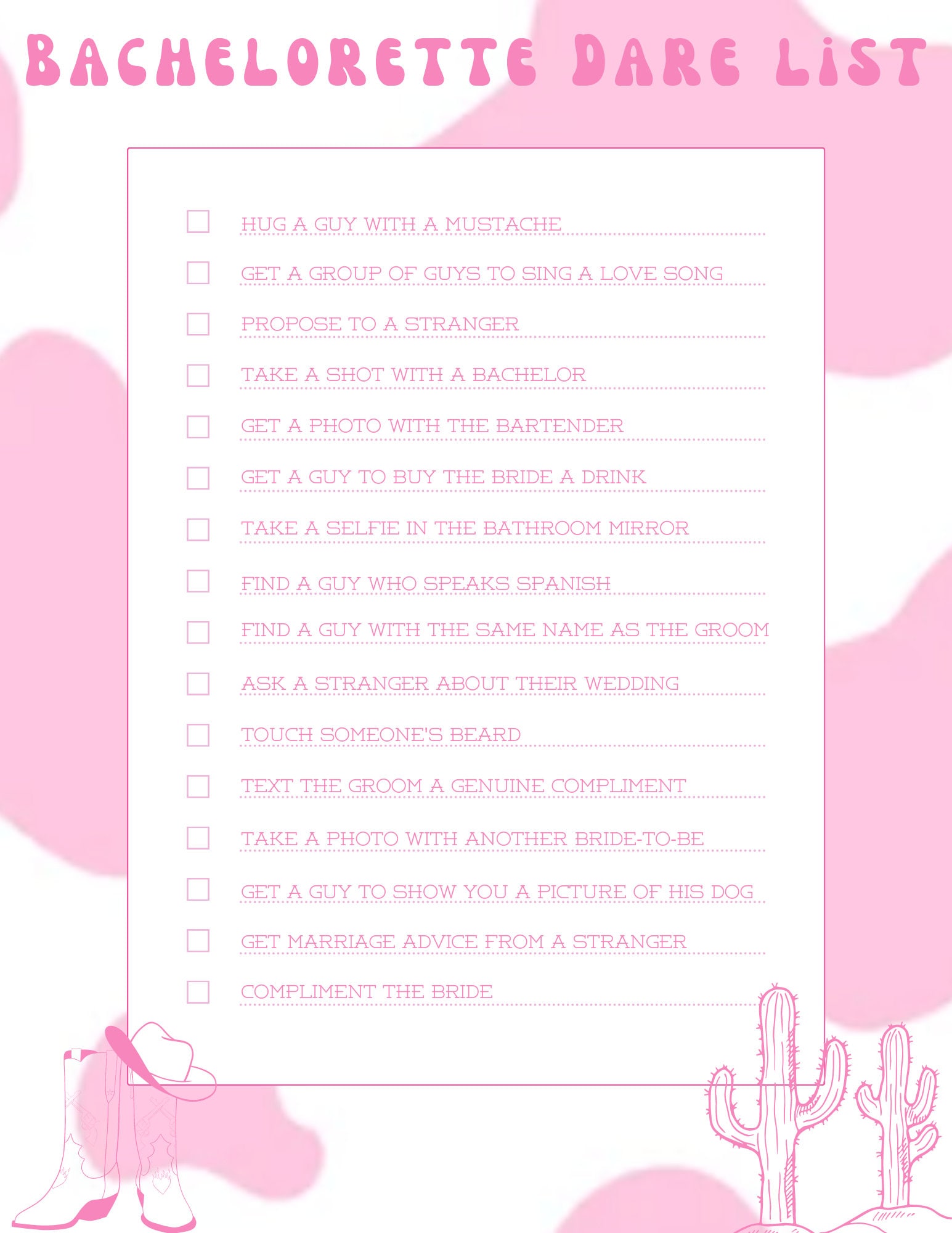 Bachelorette Dare List for a Fun Night Out With the Girls - Etsy