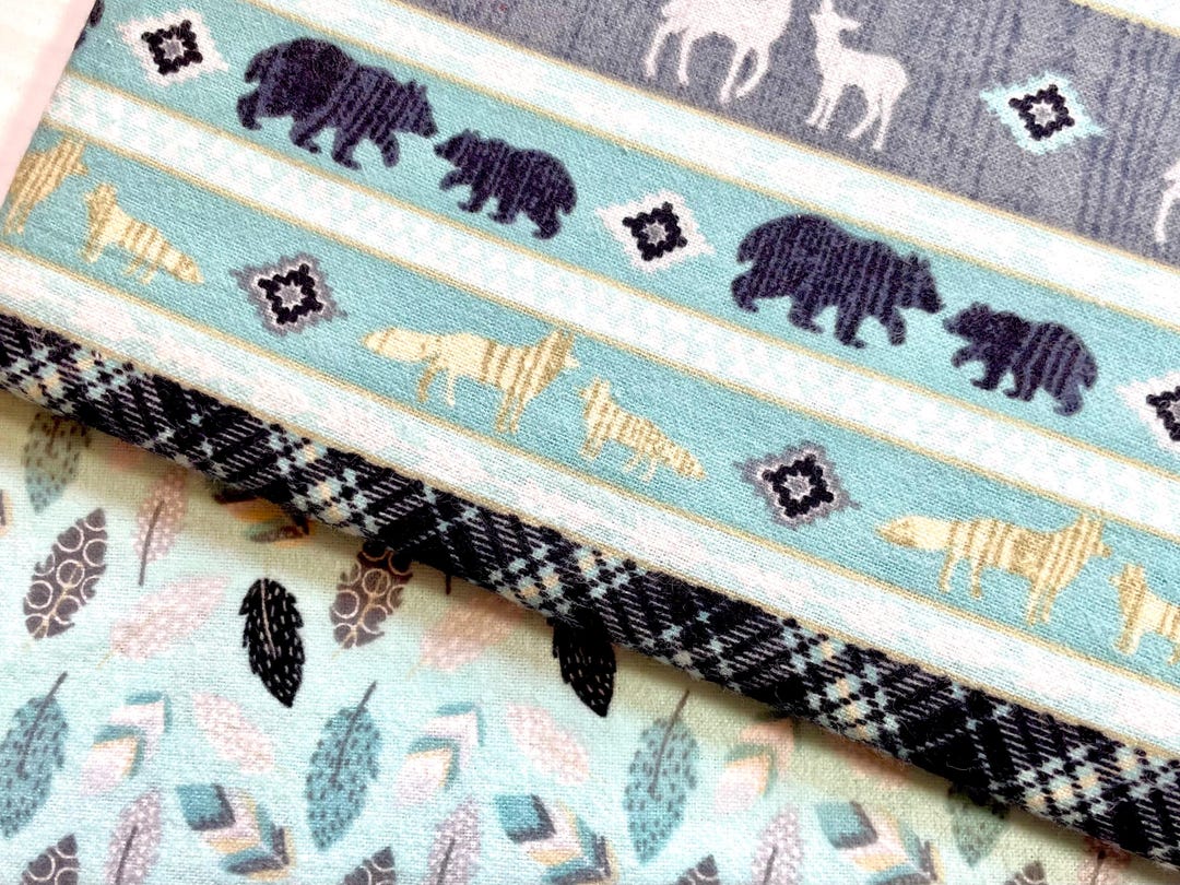 Woodland Animals Flannel Fabric | Aqua Blue Leaf Flannel Fabric ...