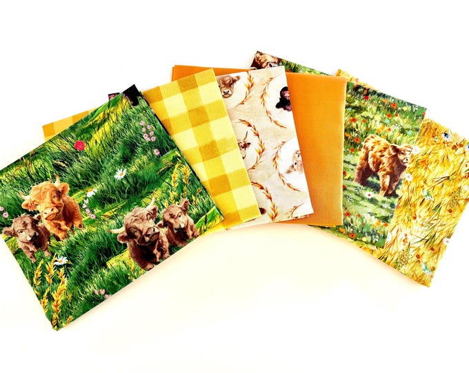 Highland Cow Fat Quarters | Green Fat Quarters | Yellow Fabric | Farm ...