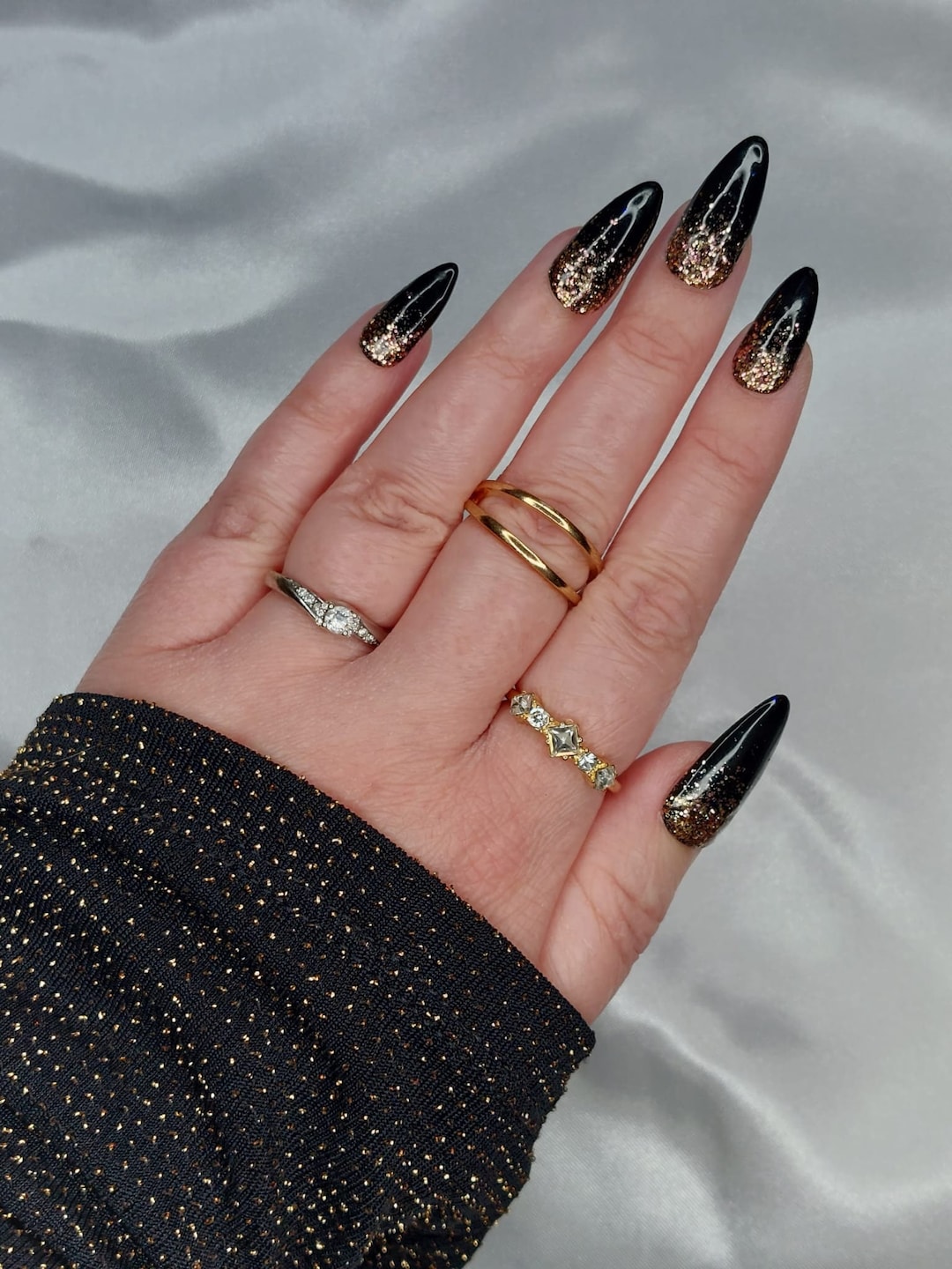 Pop the Prosecco I Black Nails I Gold Glitter I Luxury I Reusable I ...