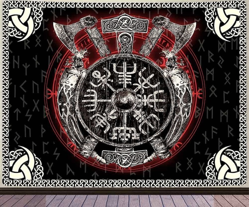Viking Tapestries Valhalla Dark Gloomy Ship Demon Doom Axe Symbol Raven ...