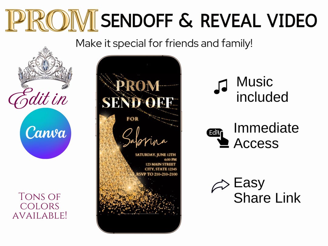 Elegant Prom Send-off Video Invitation: Gold Dress, Editable Template ...