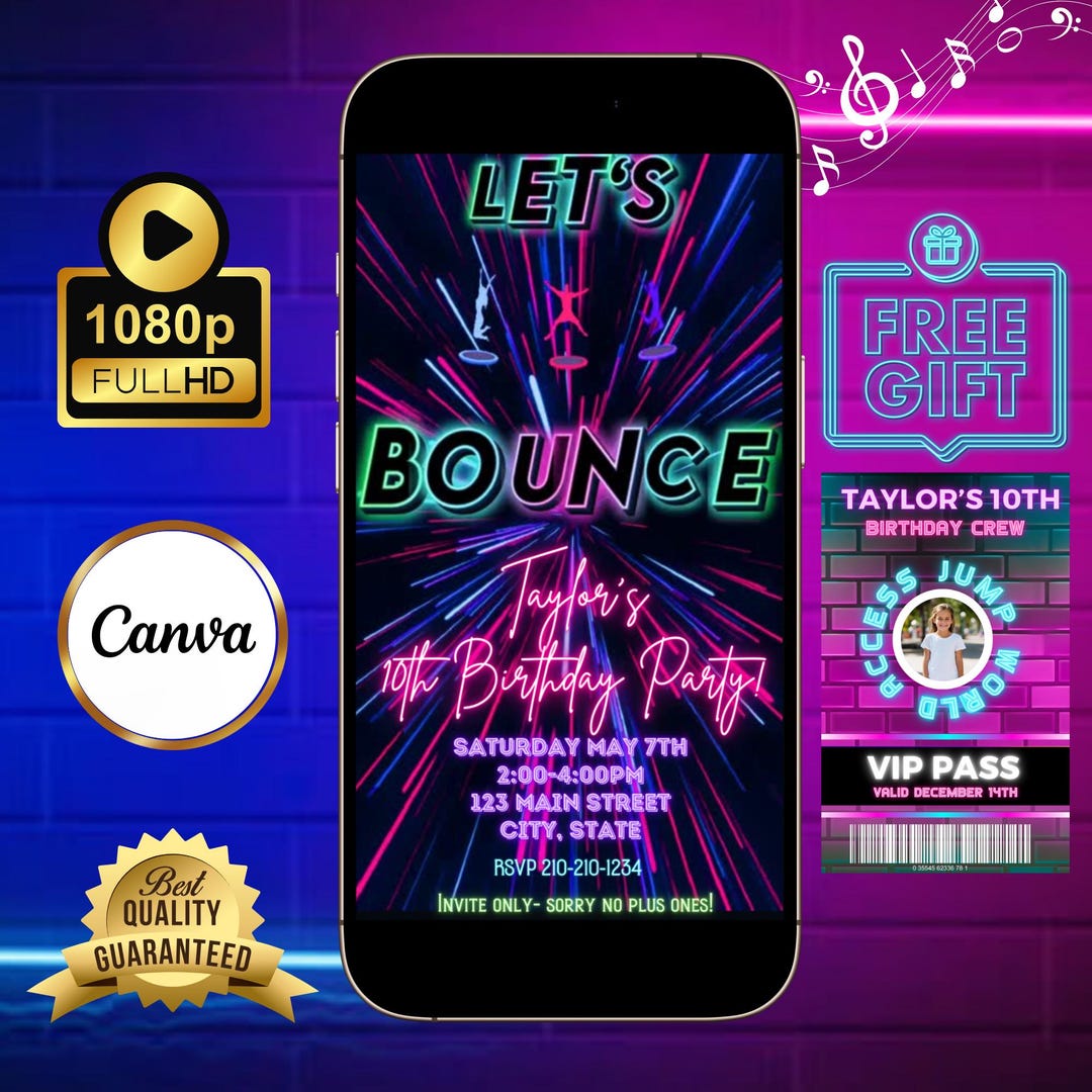 Neon Trampoline Park Birthday Evite: Purple Jump Party (digital ...