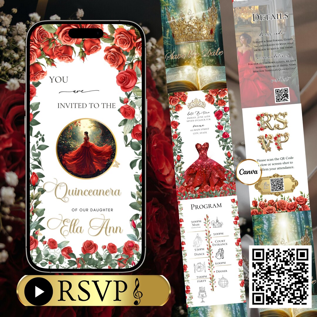 Red Roses Quinceañera Video Invitation, Elegant Sweet 15 Evite, Rose ...