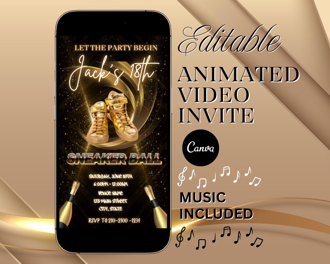 Sneaker Ball Video Invite, Animated Sneaker Party Evite, Gold Shoe ...
