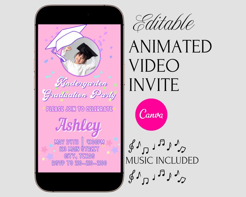 Kindergarten Graduation Video Invite, Editable Canva Template, Pink ...