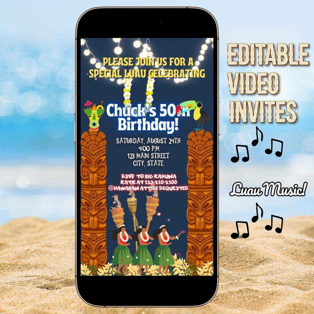 Luau Tiki Invite Editable Template Hula Dancers Birthday Bash Tropical ...