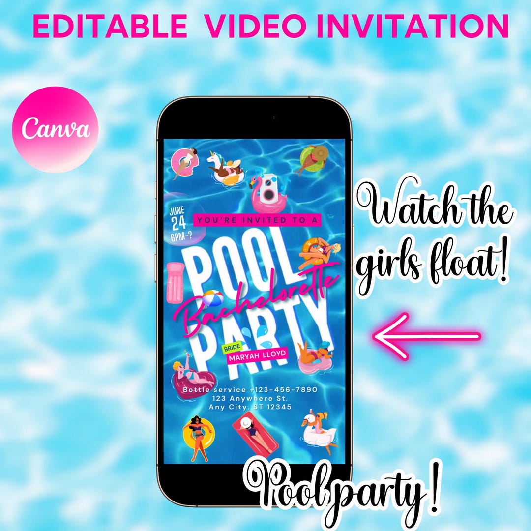 Bachelorette Pool Party Video Invite Editable Template Digital Evite ...