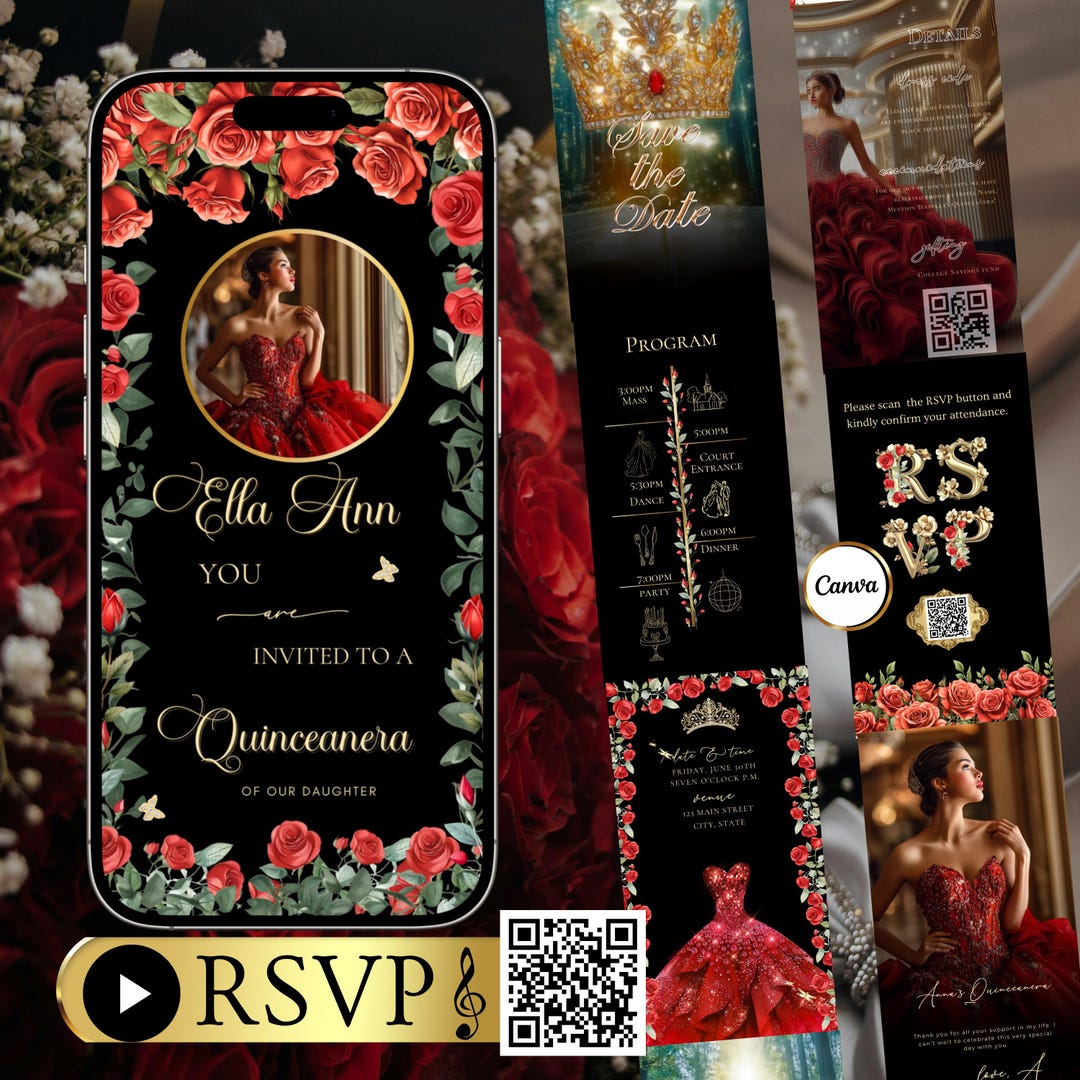 Red Roses Quinceañera Video Invitation, Elegant Sweet 15 Evite, Rose ...