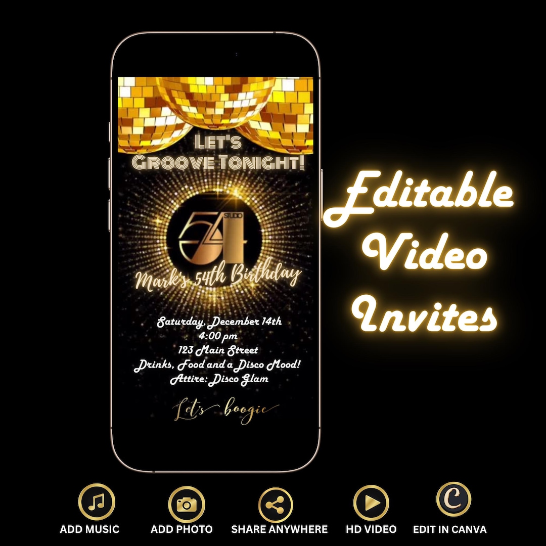 Studio 54 Video Invite Editable Disco Party Animated Evite Canva ...