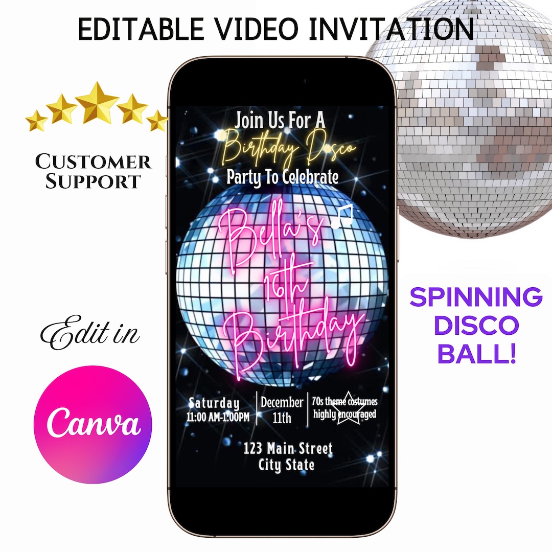 Editable Disco Invitation Canva Template Video Evite Spinning Disco ...